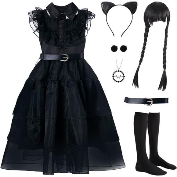 Costumes | 7 Pcs Kids Wednesday Addams Dress Cosplay Outfit Gothic ...